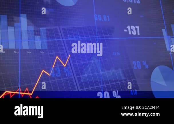 Yellow red green line graphs moving across digital dashboard with ...