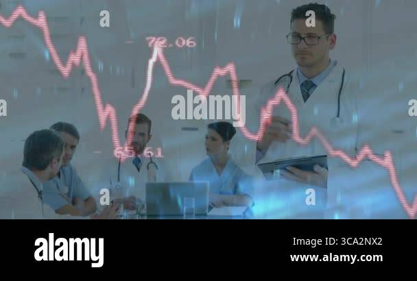 Medical team discussing data in hospital meeting room, showing animated ...
