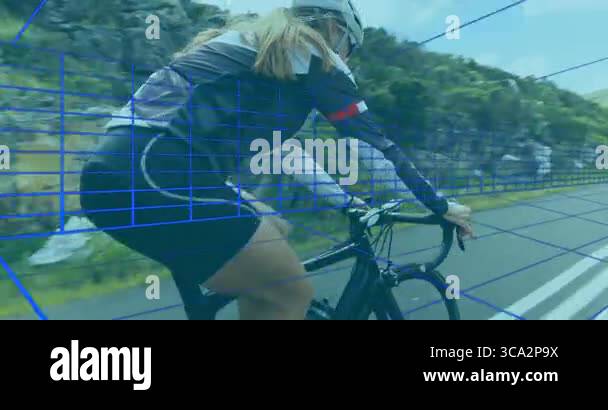 Female cyclist navigating winding mountain road, showing blue wireframe ...