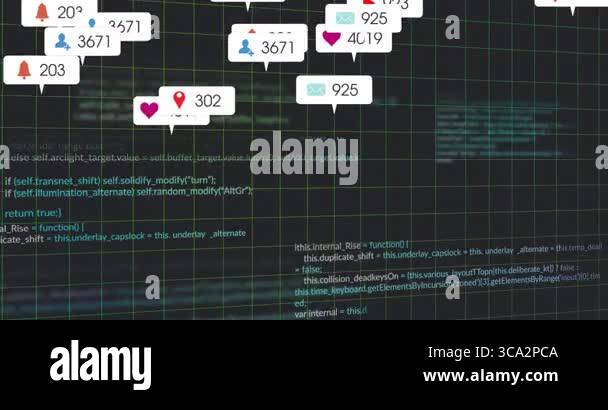 Interface displaying floating speech bubbles over green grid showing JS code and engagement ...