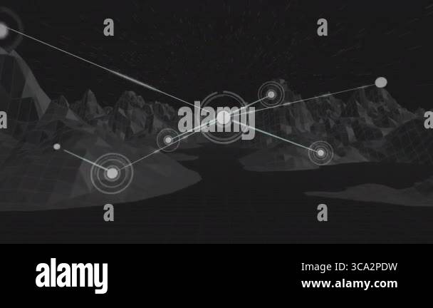 Glowing circular nodes pulsing along bright network lines across ...