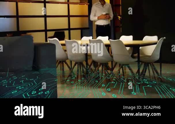 man holding coffee cup and smartphone in office, displaying business ...