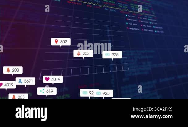 Digital dashboard showcasing angled panels, animating charts with floating social engagement ...