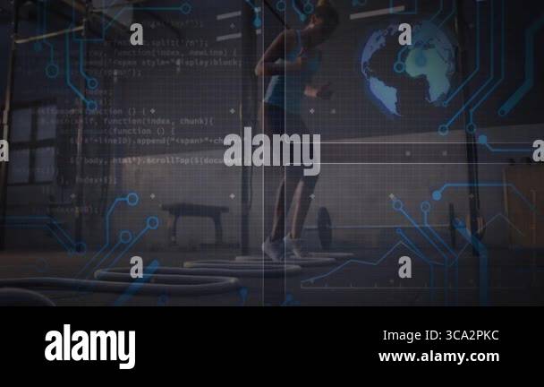 Female athlete performing ring footwork drill in gym, showing fitness tech, circuit lines and ...