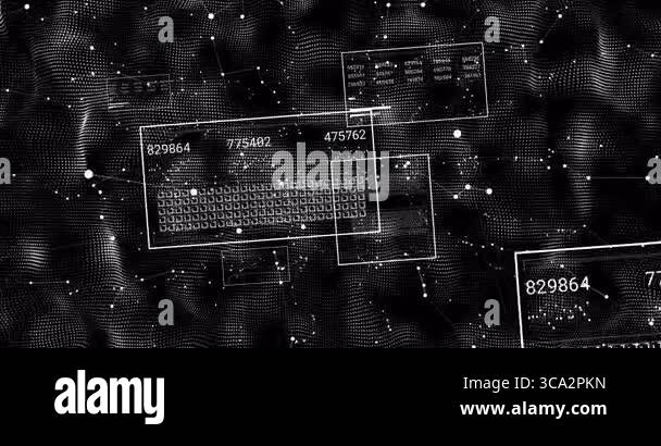 Translucent data panels displaying numeric IDs and grid cells floating above dark wavy mesh ...