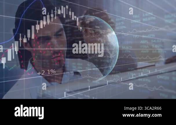 Team discussing financial data on laptop in office, showing floating ...