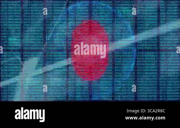 Fingerprint graphic floating over cybersecurity matrix, showing numeric ...