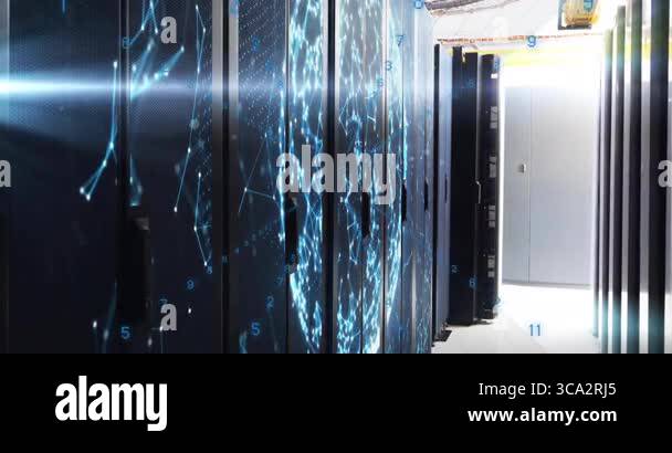 Data center corridor showing glowing blue network patterns on server ...