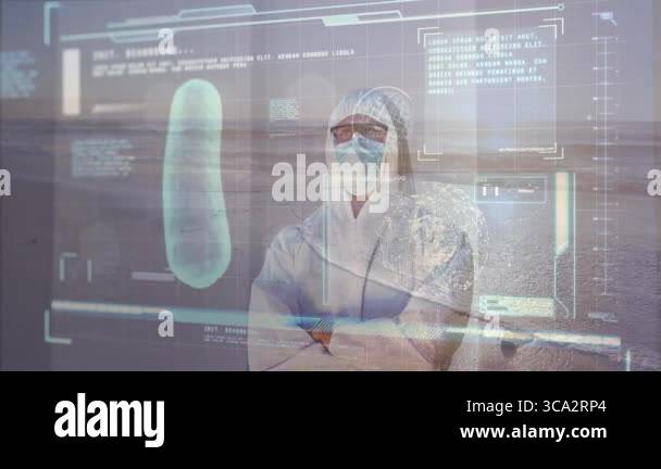 Male researcher monitoring holographic display, projecting scanning ...