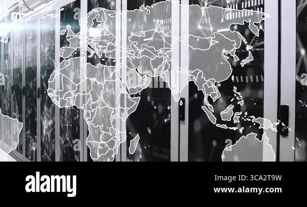 Server cabinets being animated in data center, with world map overlay ...