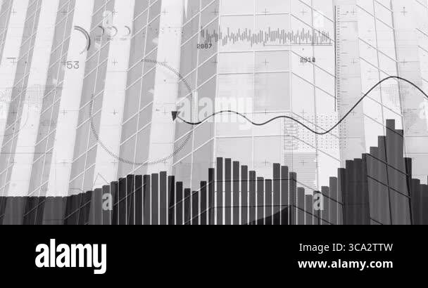 Data visualization showing bar chart, line graph overlaying grid facade, with gauge and map ...