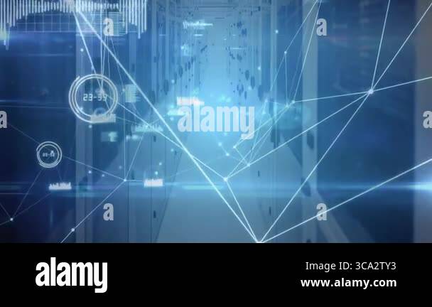 Data center corridor glowing with floating network lines and scrolling code overlays in 3D ...