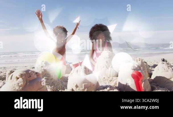 Siblings building sandcastle towers on beach, showcasing animated ...