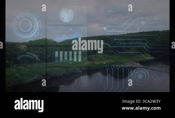 flat design digital dashboard floating over rural riverbank landscape ...