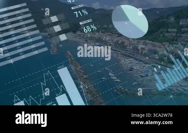 Flat design overlaying visuals on harbor scene, showing pie charts, candlestick chart and world ...
