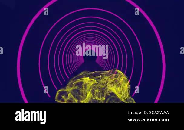 Yellow particle wave being visualized swirling through neon pink rings ...