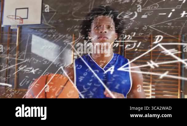 Male athlete holding basketball on gym court, showcasing animated math ...