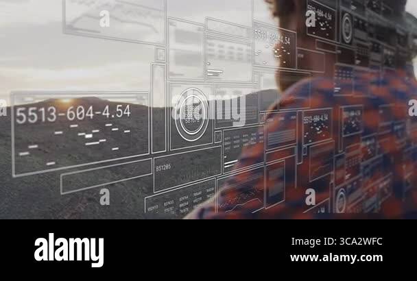 Man examining holographic UI outdoors, showing panels of charts, graphs ...