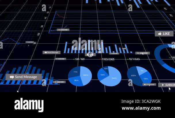 Immersive 3D data analytics dashboard glowing in dark grid, showing ...