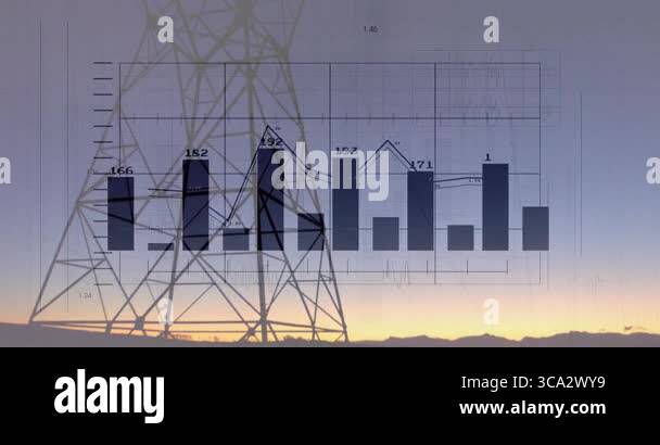 Energy Data Chart Animating With Navy Bars Overlaid Line Graph And Tower Silhouette In Flat
