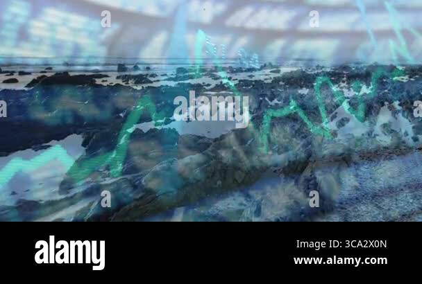 Financial line graphs overlaying rocky shoreline at low tide ...