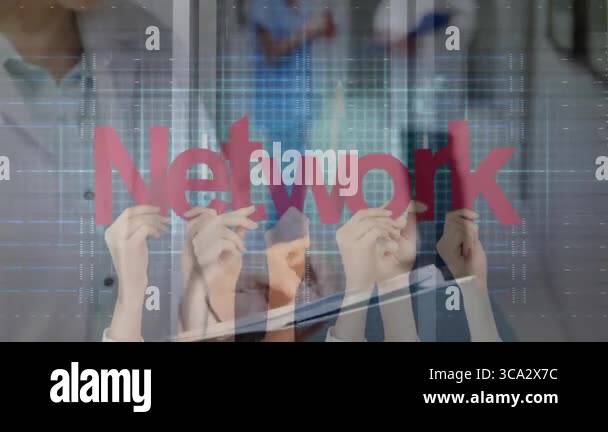 Medical team holding red NETWORK letters, overlaying blue digital grid for technology networking ...