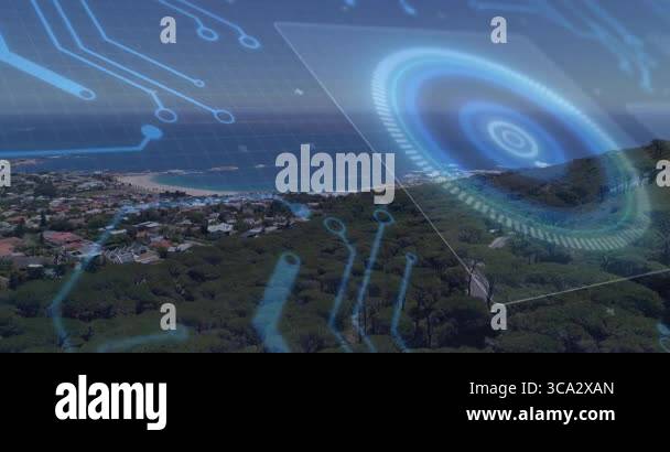 Concentric HUD glowing above coastal landscape, showing blue circuit ...