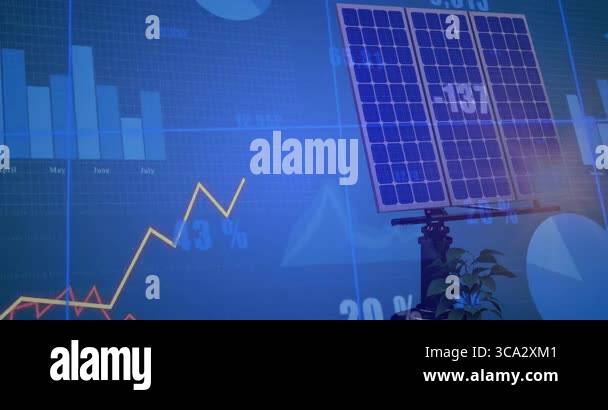 Solar panel being animated in 3D interface showing line graphs, bar ...