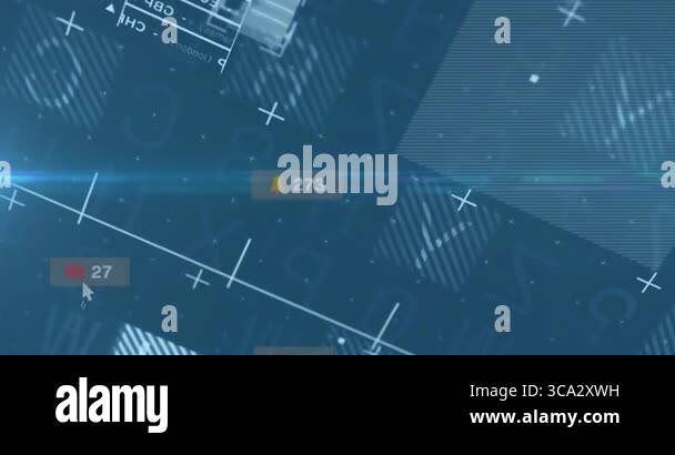 White line graph falling in scene, with social icons floating over ...