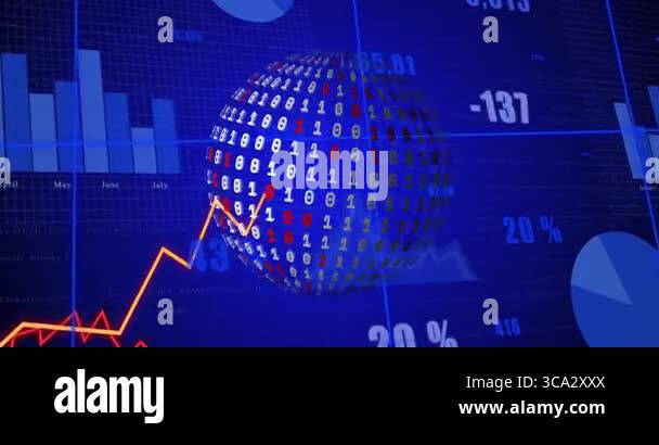 Binary globe spinning over grid, displaying red-orange line graphs and ...