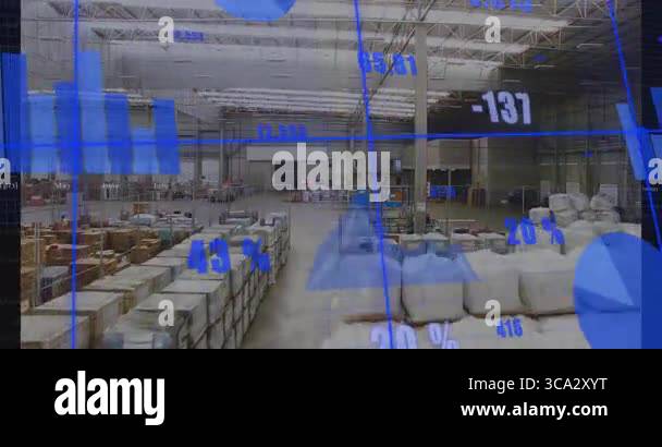 Warehouse interior being visualized with blue data overlays showing ...