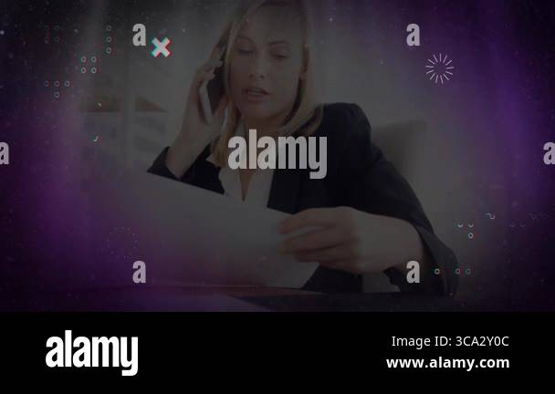 Woman handling smartphone and laptop in business office, integrating ...