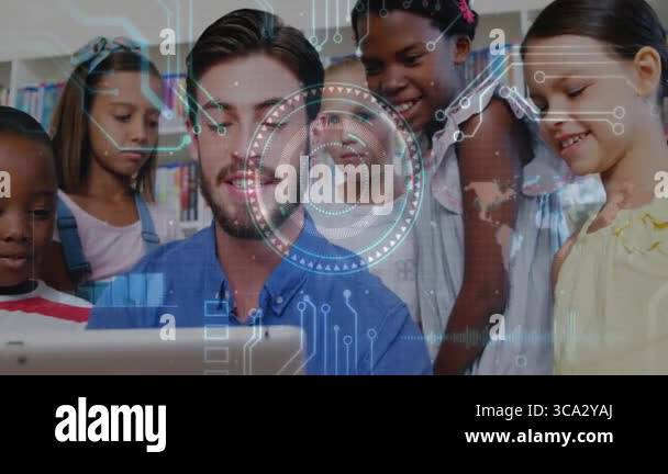 Teacher guiding students exploring education on tablet in classroom, showing circuit HUD ...