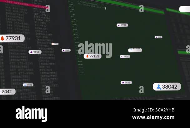 Monitor displaying green syntax highlights while floating notification icons showing counters ...
