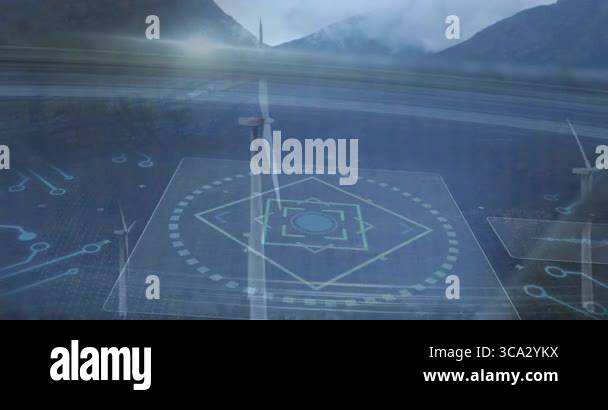 Holographic circular interface panel being projected over wind farm ...