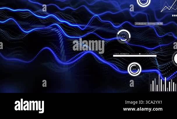 Abstract blue dotted waveform flowing across dark grid, showcasing ...