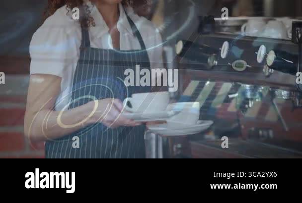 Female barista presenting technology interface in cafe, displaying ...