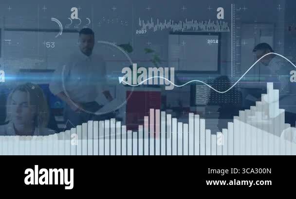 Colleagues presenting business data in open-plan office, overlaying ...