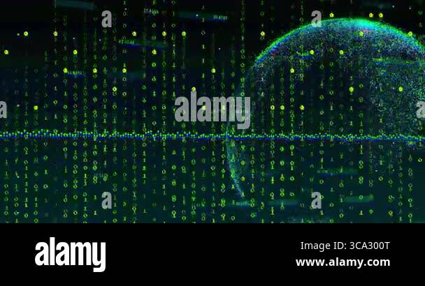 Binary code columns streaming down dark background, data points moving across middle, globe ...