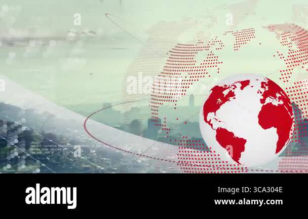 Urban skyline showing 3D-rendered sphere with red maps, displaying hex ...