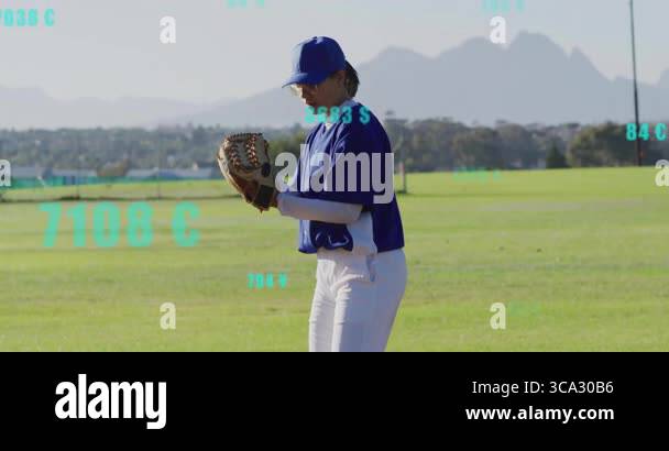 Female baseball pitcher holding glove on open field, showing floating ...