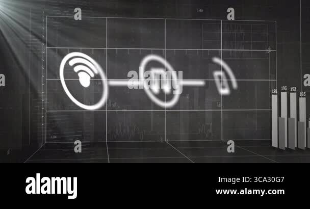 Three white Wifi, music note, smartphone icons floating above 3D grid ...