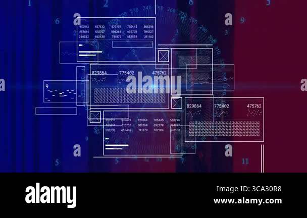 Displaying futuristic dashboard showing translucent data panels with code windows, numeric ...