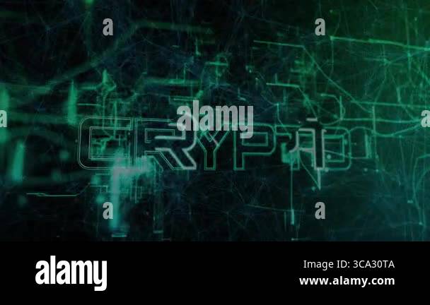 Crypto text being animated over dark circuit network with neon-green ...