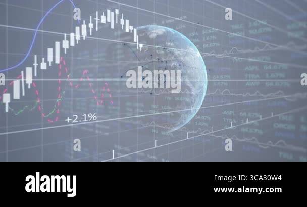 Stylized globe floating over financial dashboard, showing candlesticks and colorful line charts ...