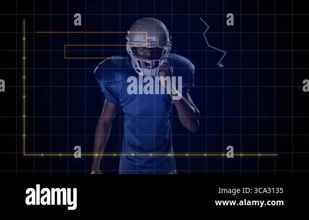 Football player holding ball in studio, featuring sports analytics bar ...