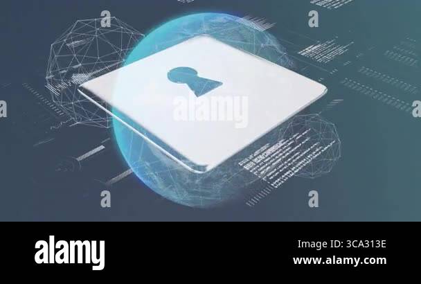 IT specialist monitoring cybersecurity with translucent padlock over globe and floating code ...