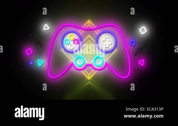 Game controller glowing in dark neon space, featuring colored buttons ...