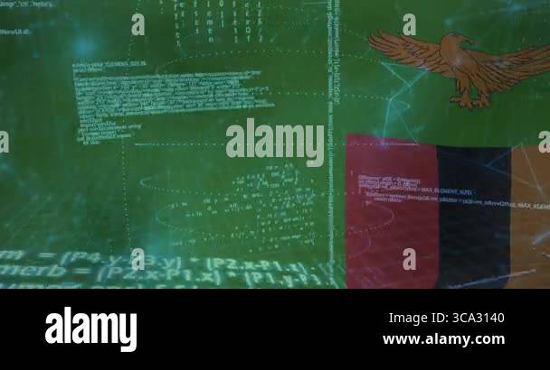 Alphanumeric code streams flowing over grid floor, overlaying colored ...