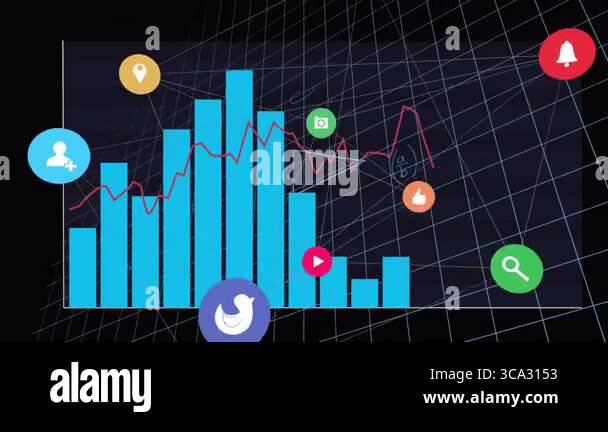 Flat design bar and line chart being animated in UI, with turquoise bars, red plot, icons ...